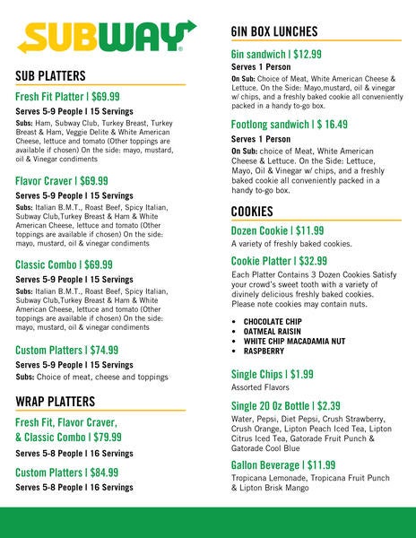 Subway Catering Menu Dining Services